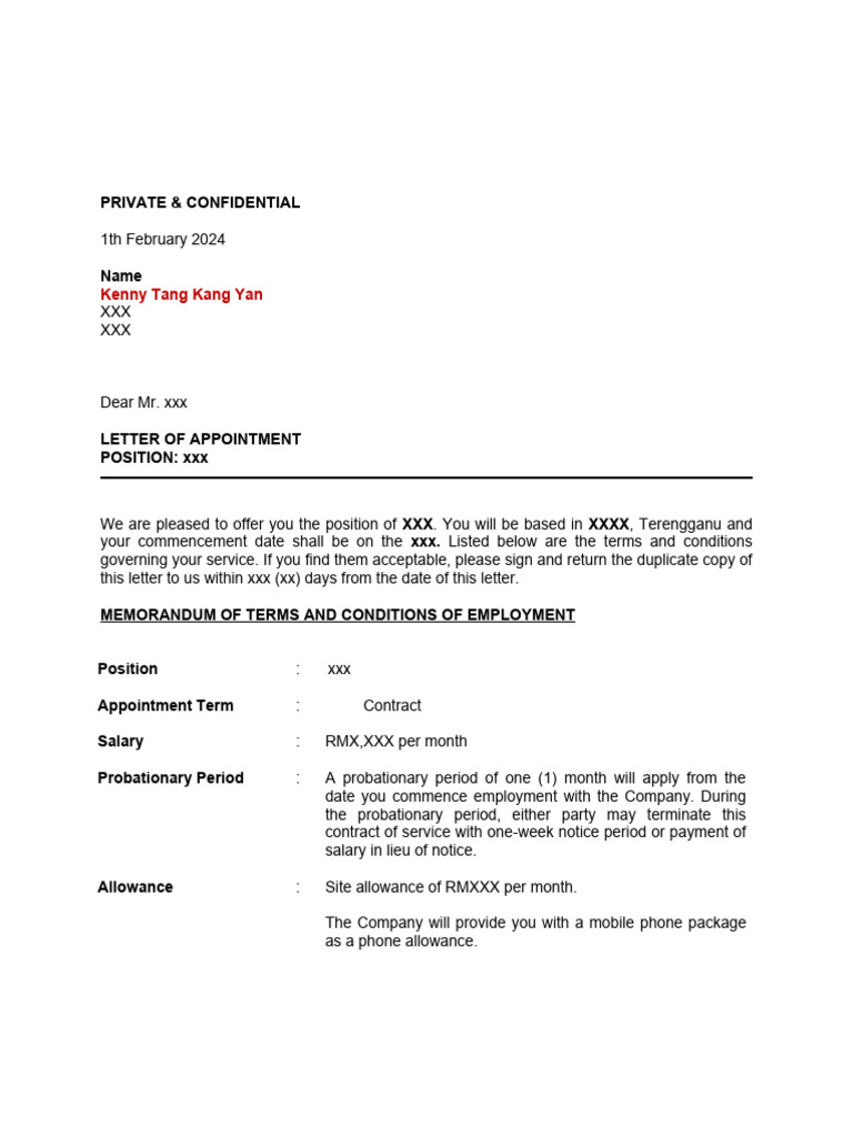 Appointment Letter for Employment in Malaysia | PDF | Employment | Salary