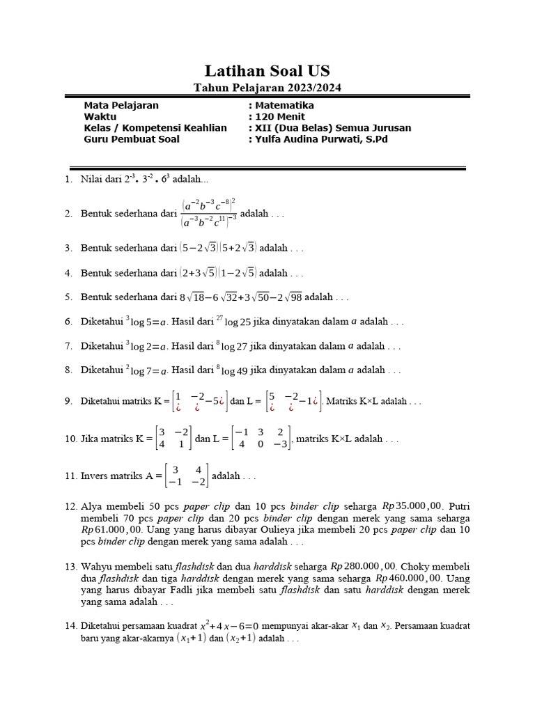 LATIHAN SOAL US Matematika TP 2023-2024 | PDF