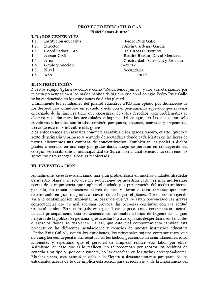 Proyecto Educativo Cas | PDF | Residuos | Reciclaje