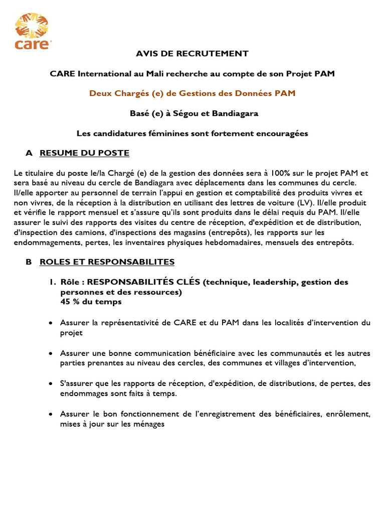 Recrutement Chargés de Gestion des Données PAM | PDF