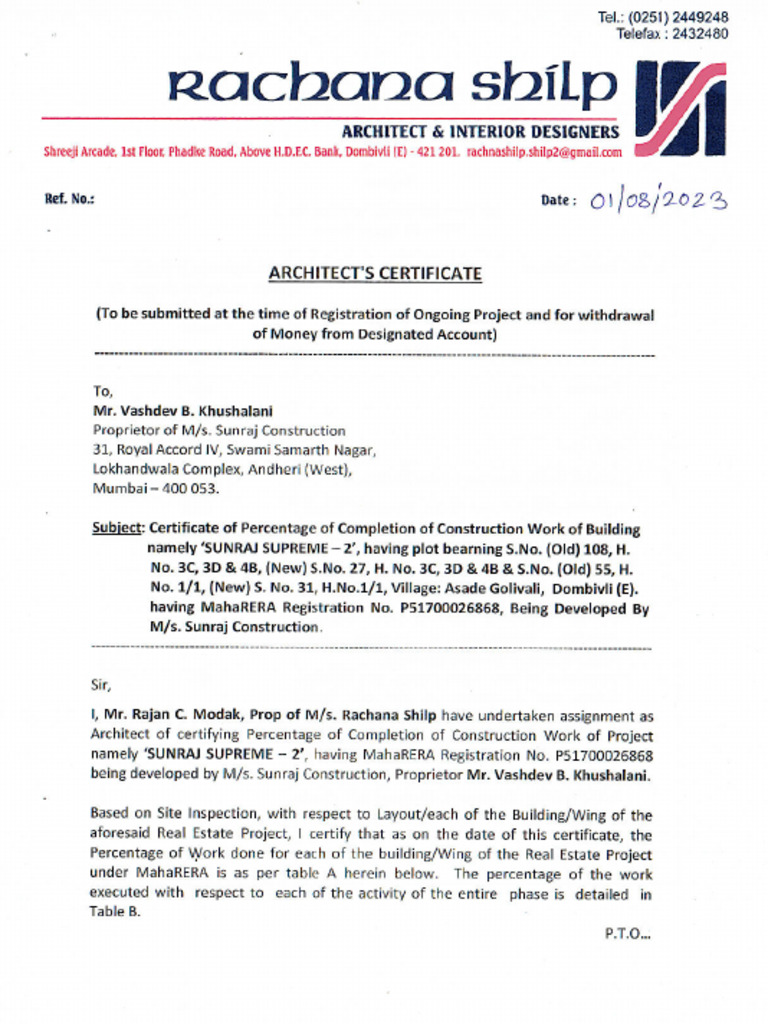 29 Architect's Certificate of Percentage of Completion of Work (Form 1 ...