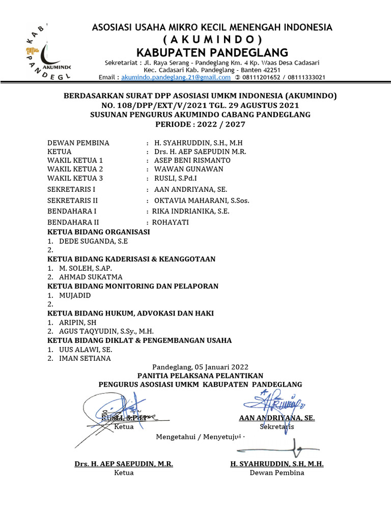 Berdasarkan Surat DPP Asosiasi UMKM Indonesia Untuk Dibuatkan SK | PDF