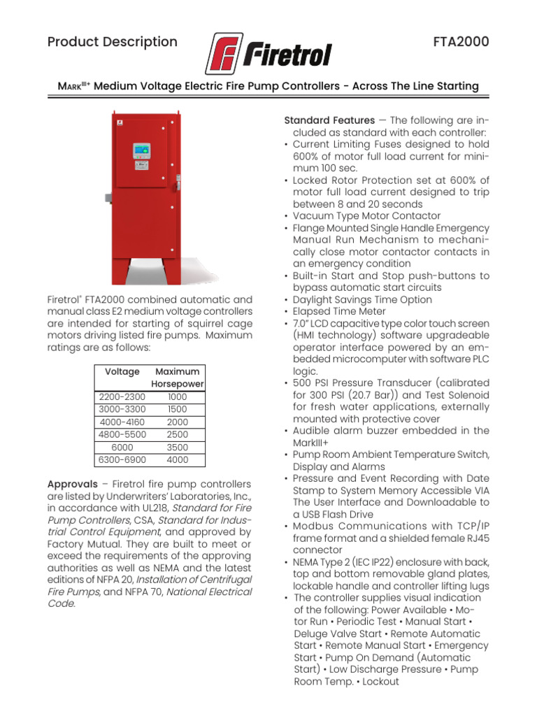 Medium Voltage Fire Pump Controller, ULFM Listed, Firetrol | PDF | Pump ...