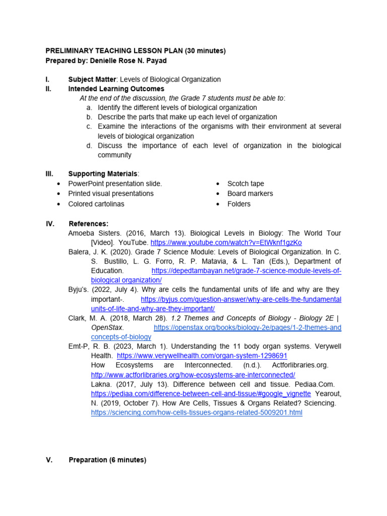 Grade 7 Lesson Plan: Biological Levels | PDF | Tissue (Biology) | Ecosystem