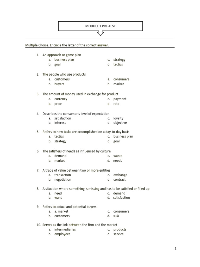 BM Module 1 Questionaire | PDF | Marketing | Sales