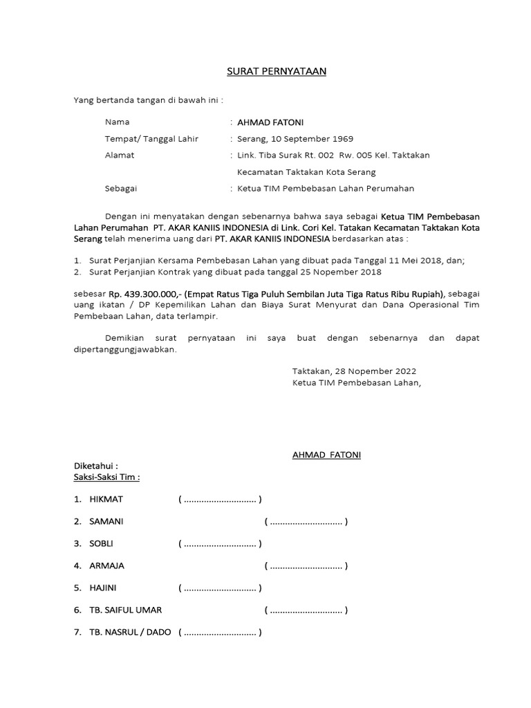 Surat Pernyataan Ahmad Fatoni & SPH | PDF
