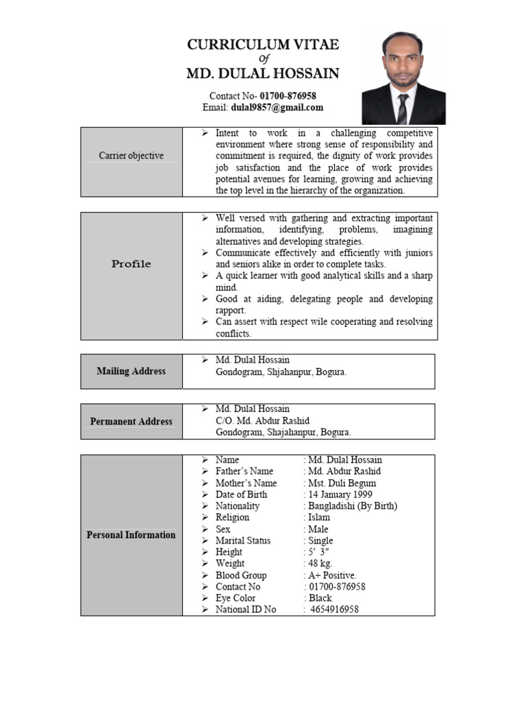 Md. Dulal Hossain CV and Profile | PDF | Career & Growth