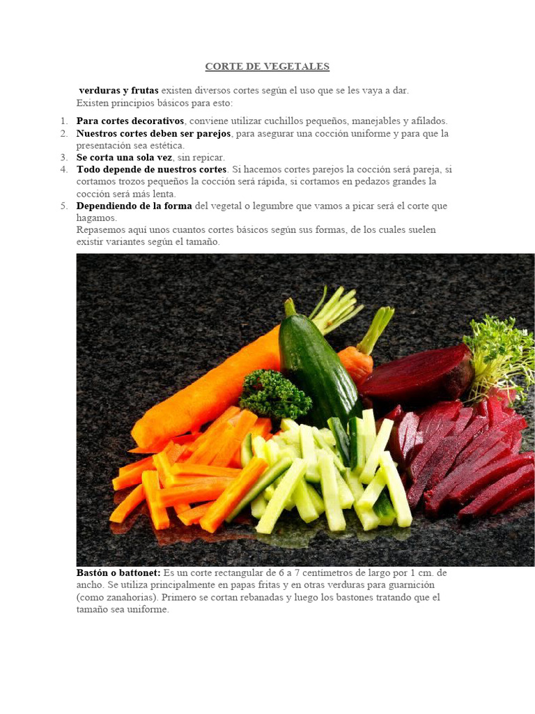 Técnicas de Corte de Verduras y Frutas | PDF | Vegetales | Cocinando