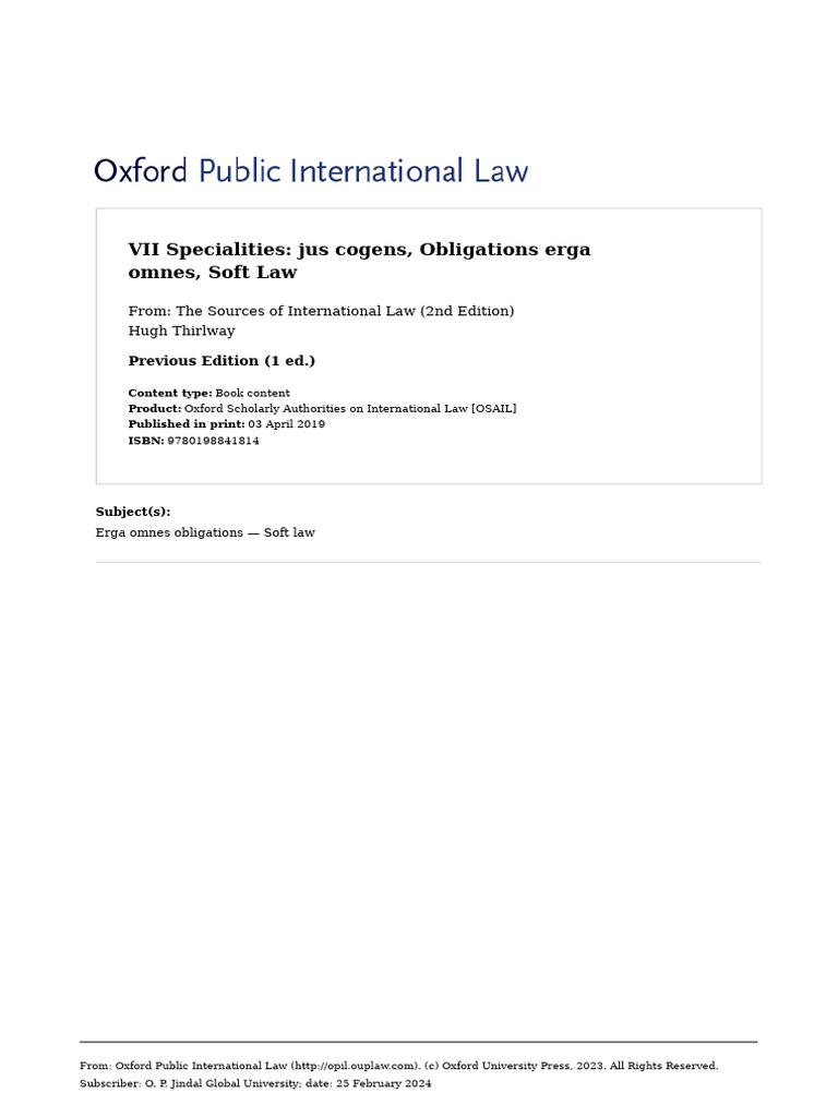 Jus Cogens, Obligations Erga Omnes, Soft Law | PDF | International Law ...