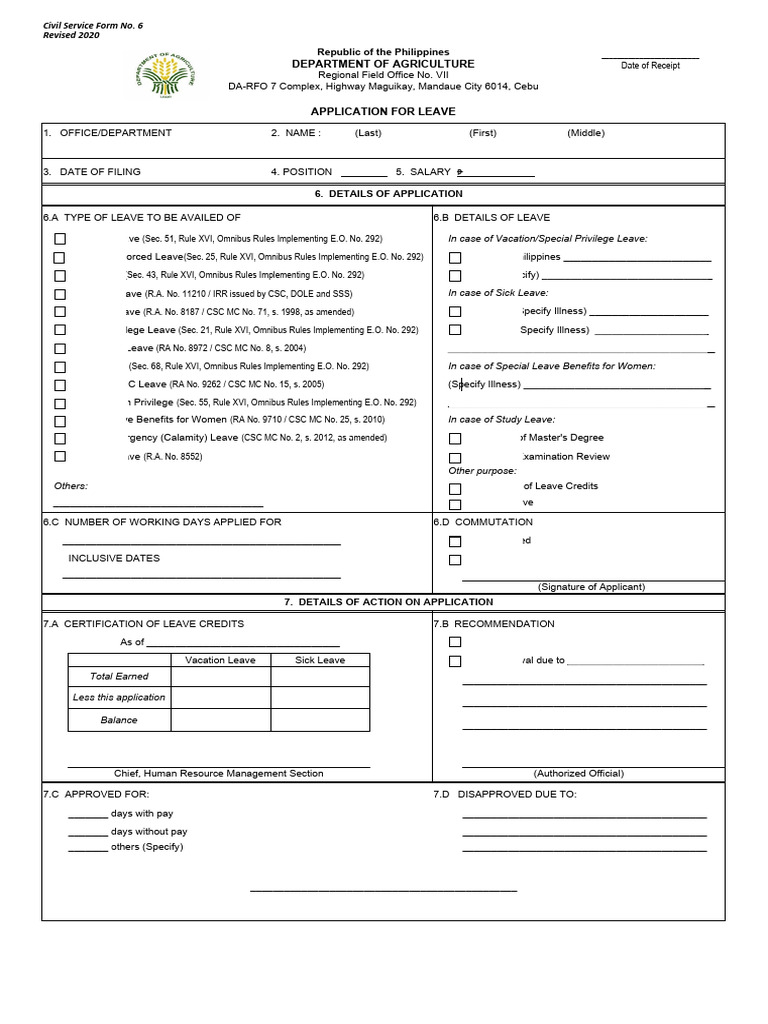 CS Form No. 6, Revised 2020 (Application For Leave) BLANK | PDF ...