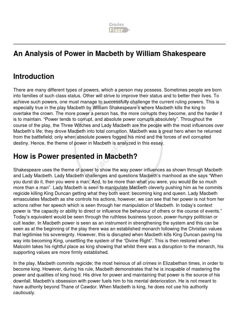 An Analysis of Power in Macbeth by William Shakespeare | PDF | Macbeth
