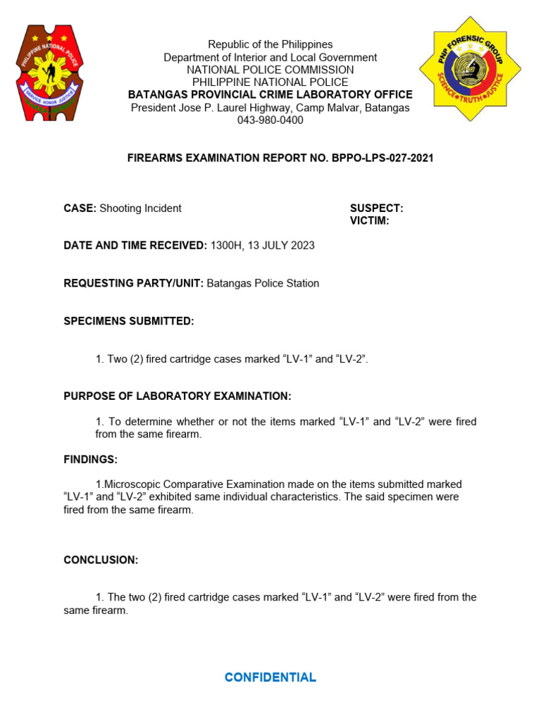 Batangas Firearms Examination Report | PDF | Firearms | Projectiles