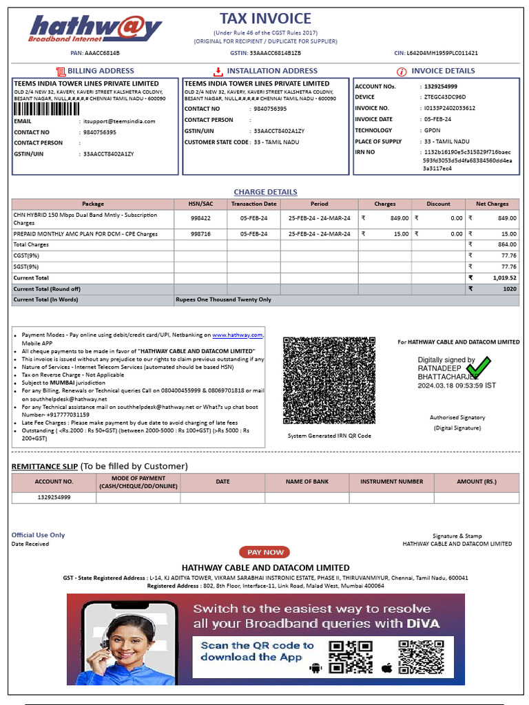 Tax Invoice for Hathway Services | PDF | Payments | Cheque