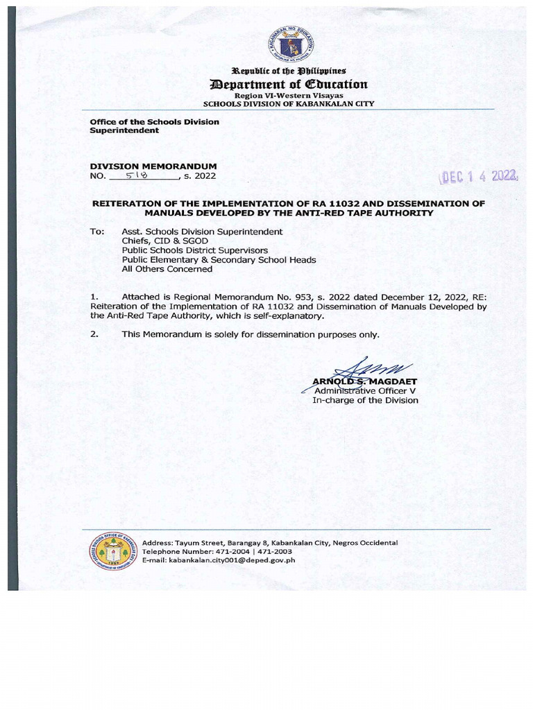 Division Memorandum No. 518 S. 2022 Reiteration of The Implementation ...