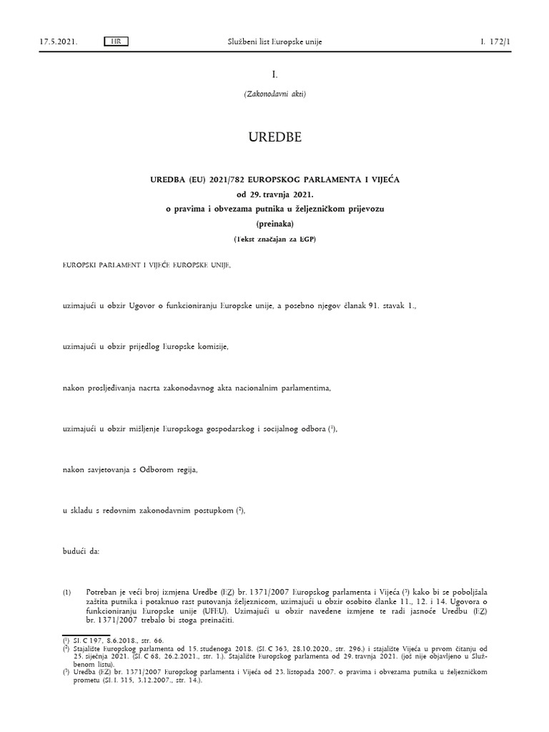 Uredba o Pravima Putnika U Zeljeznici 2021 - 782 | PDF