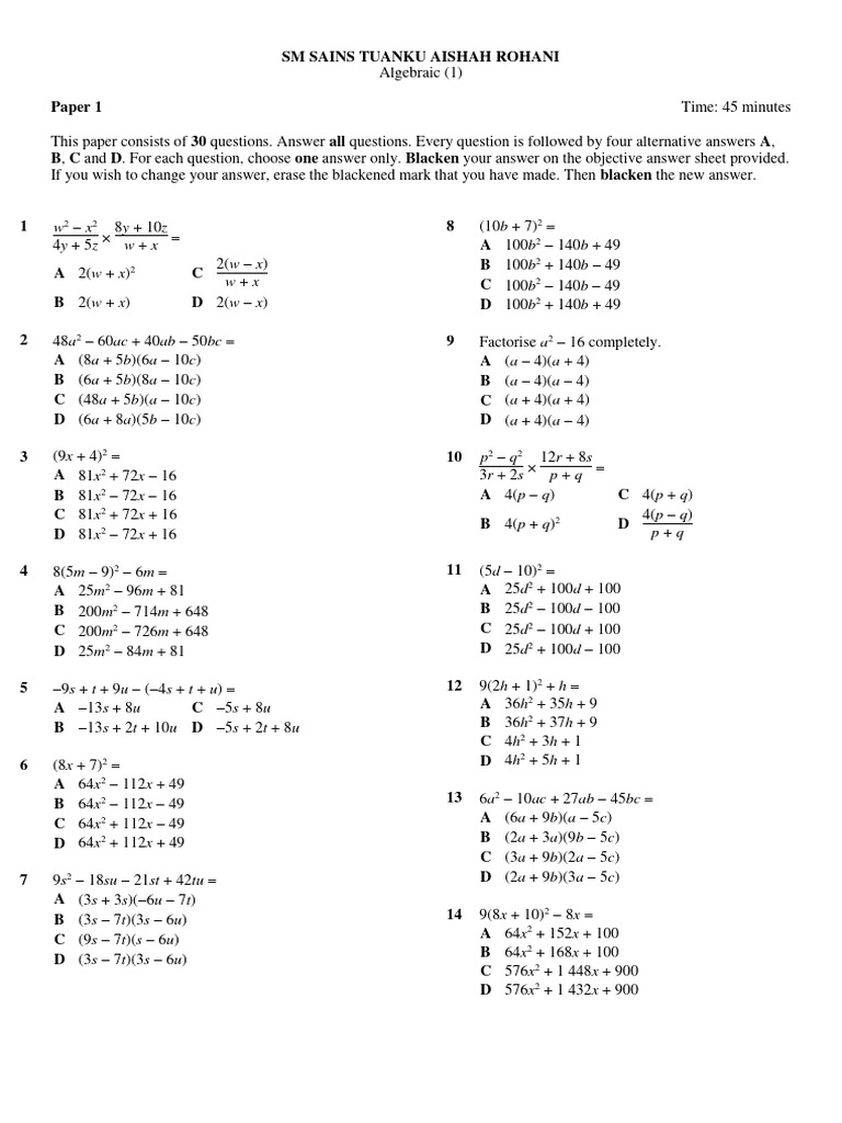 Latihan Algebra 1 SM Sains Tuanku Aishah Rohani | PDF