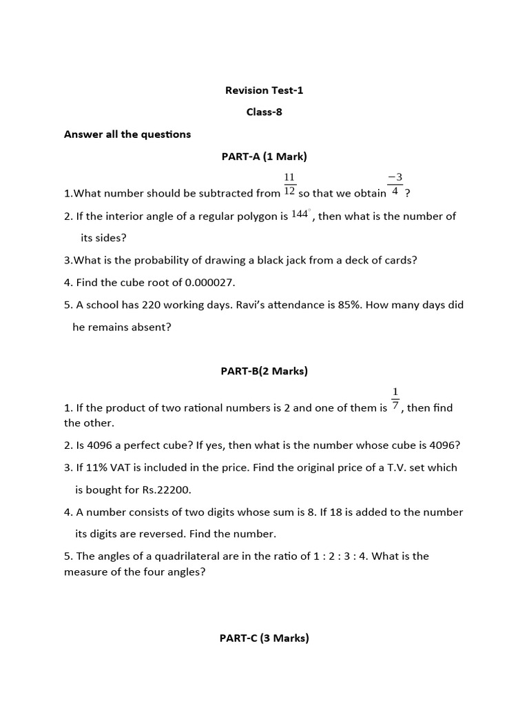 Revision Test-1-Class-8 | PDF | Numbers | Rectangle