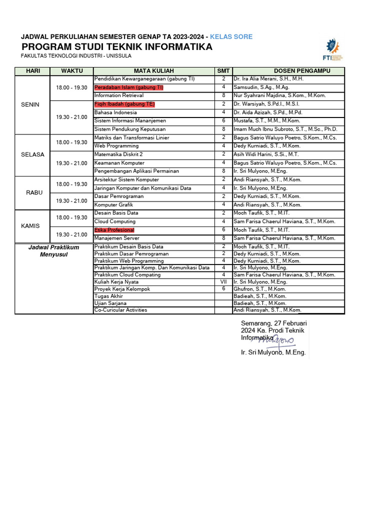 TIF - REVISI Jadwal Perkuliahan SMT Genap 2023-2024 Mitra | PDF