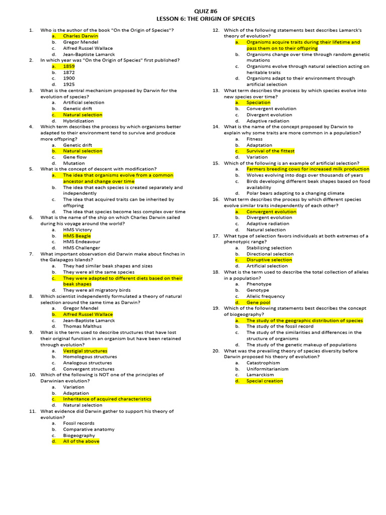Answer Key Quiz 6 | PDF | Natural Selection | Evolution