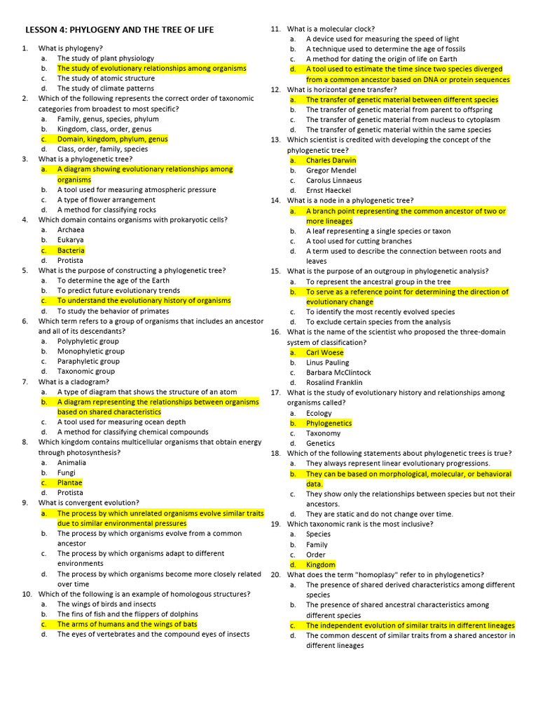 Answer Key Quiz 4 | Download Free PDF | Phylogenetic Tree | Phylogenetics
