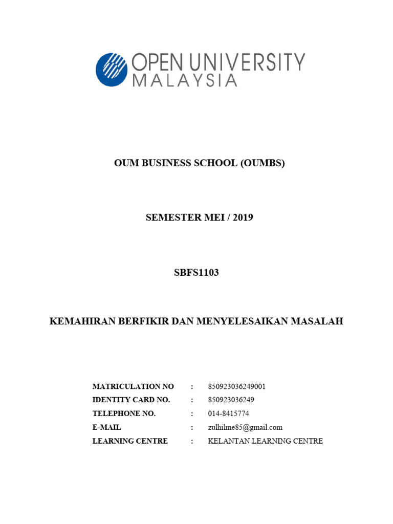 Assignment Kemahiran Berfikir Dan Menyelesaikan Masalah SBFS1103 | PDF