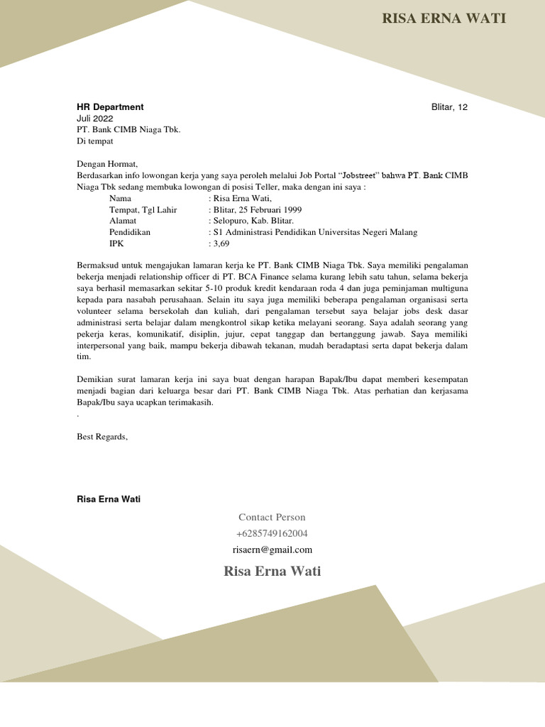 COVER LETTER CIMB - Risa Erna Wati | PDF | Karier & Perkembangan