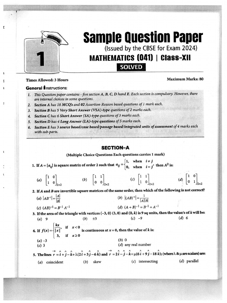 Sample Paper XII Maths | PDF