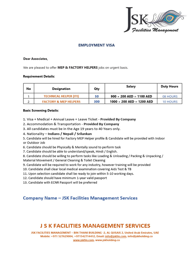 Urgent MEP & Factory Helper Jobs UAE | PDF