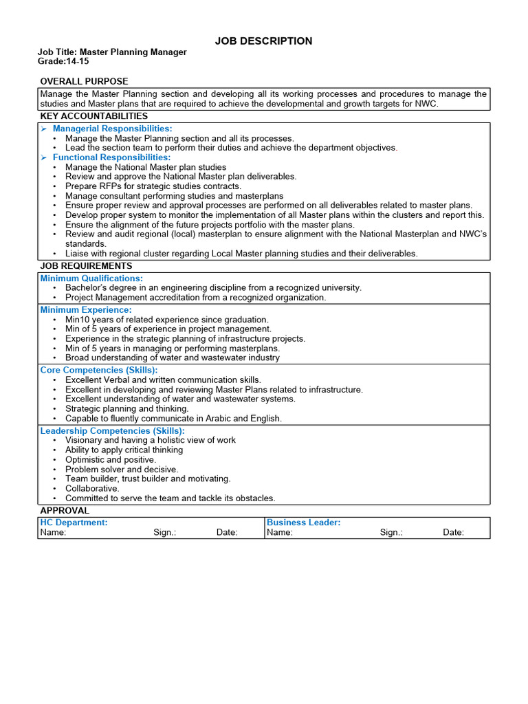 Master Planning Manager Job Description | PDF | Project Management ...