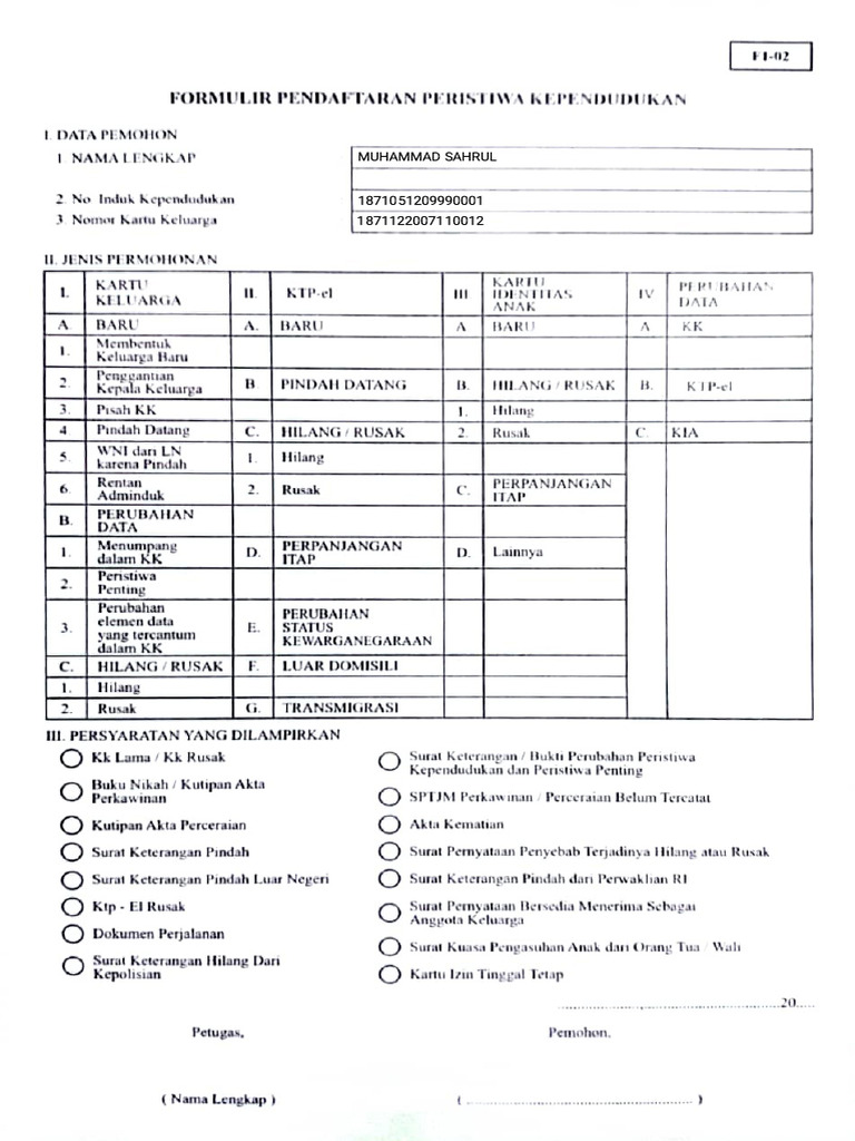 F-1.02 Formulir Pendaftaran Penduduk | PDF