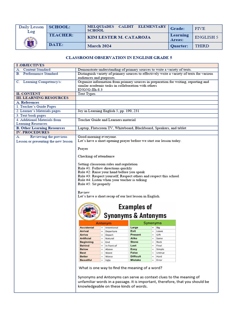 Grade 5-3rd Quarter Week 8 | PDF | Primary Sources | Information