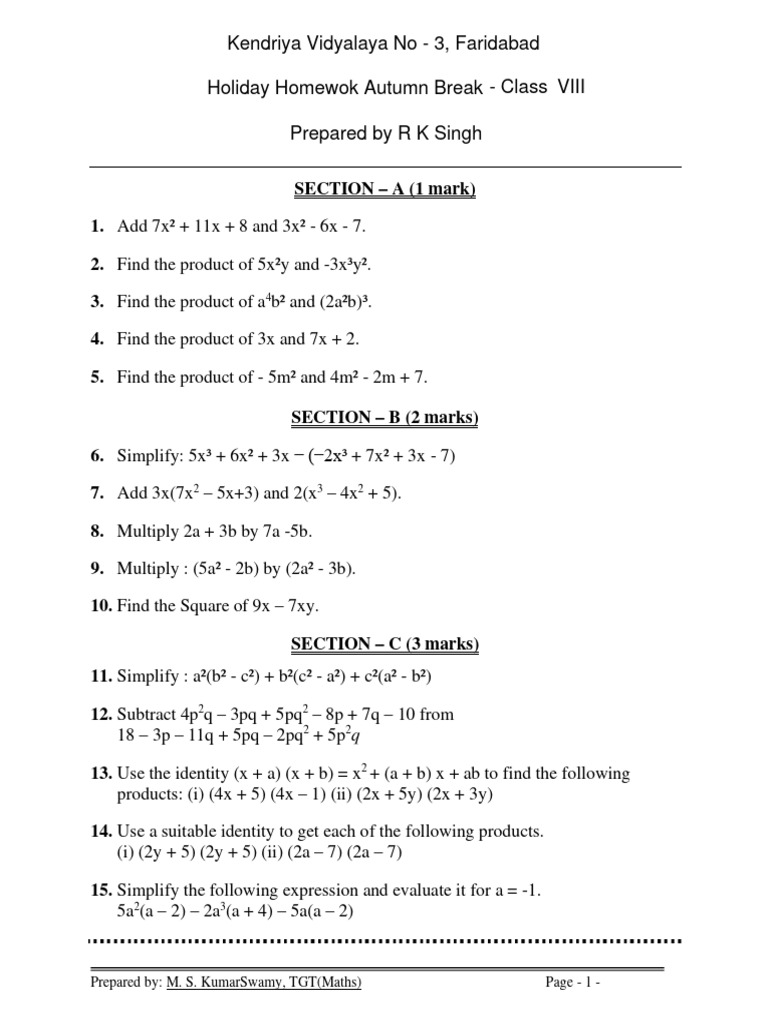 Maths-Class-Viii-Holiday Homework | PDF | Teaching Methods & Materials
