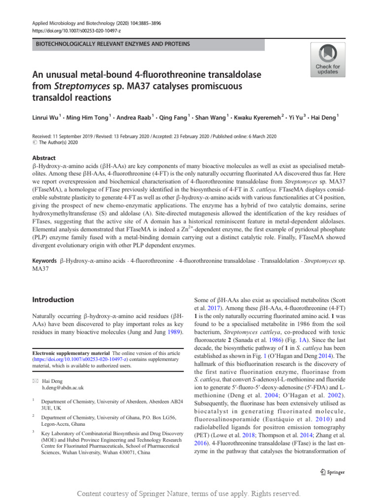An Unusual Metal-Bound 4-Fluorothreonine Transaldo | PDF | Enzyme ...