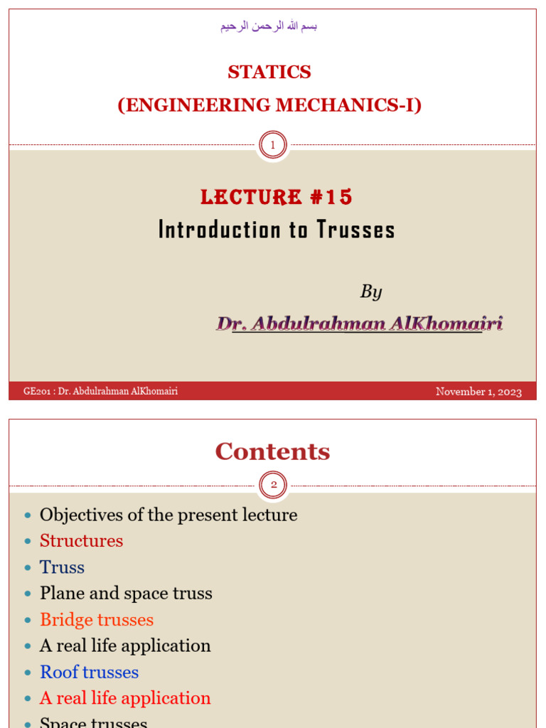 GE 201-Lecture-15 (Introduction To Trusses) | PDF | Truss | Bridge