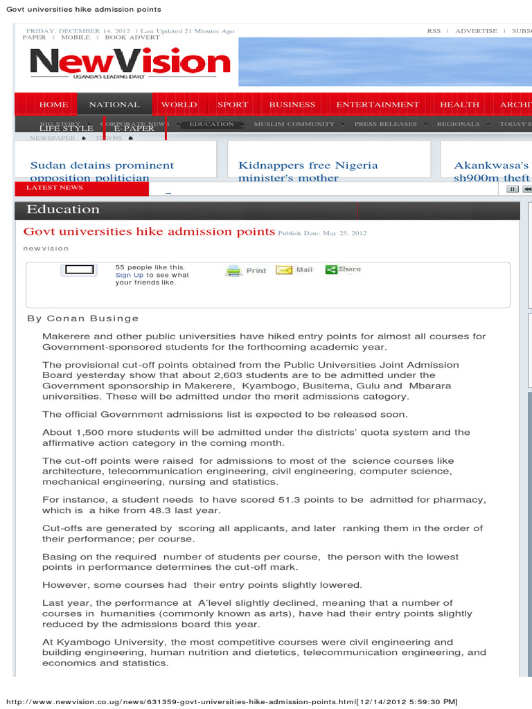 Downloads 20120525 New Vision Govt Universities Hike Admission Points ...