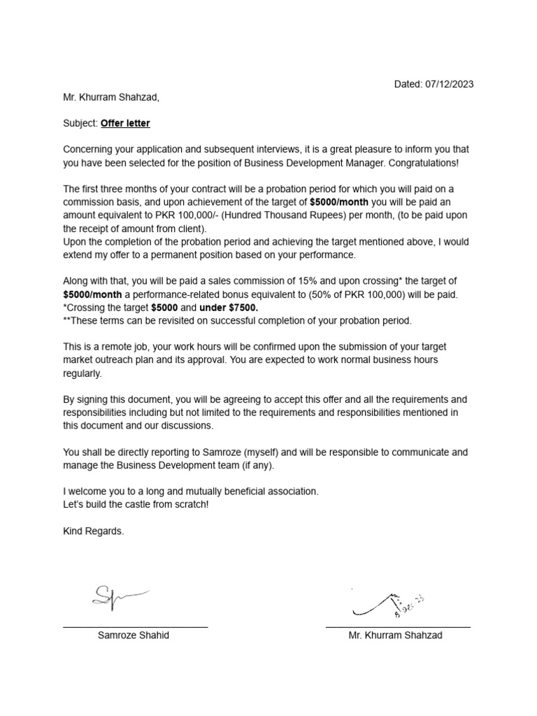 Business Development Manager Offer Letter | PDF