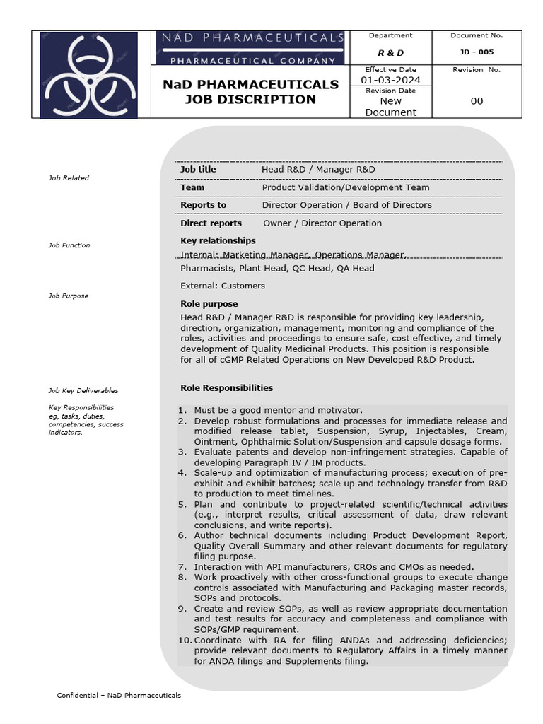 JD-005 Job Discription of Head R&D Manager R&D | PDF | Research And ... JD-005 Job Discription of Head R&D Manager R&D | PDF | Research And ...