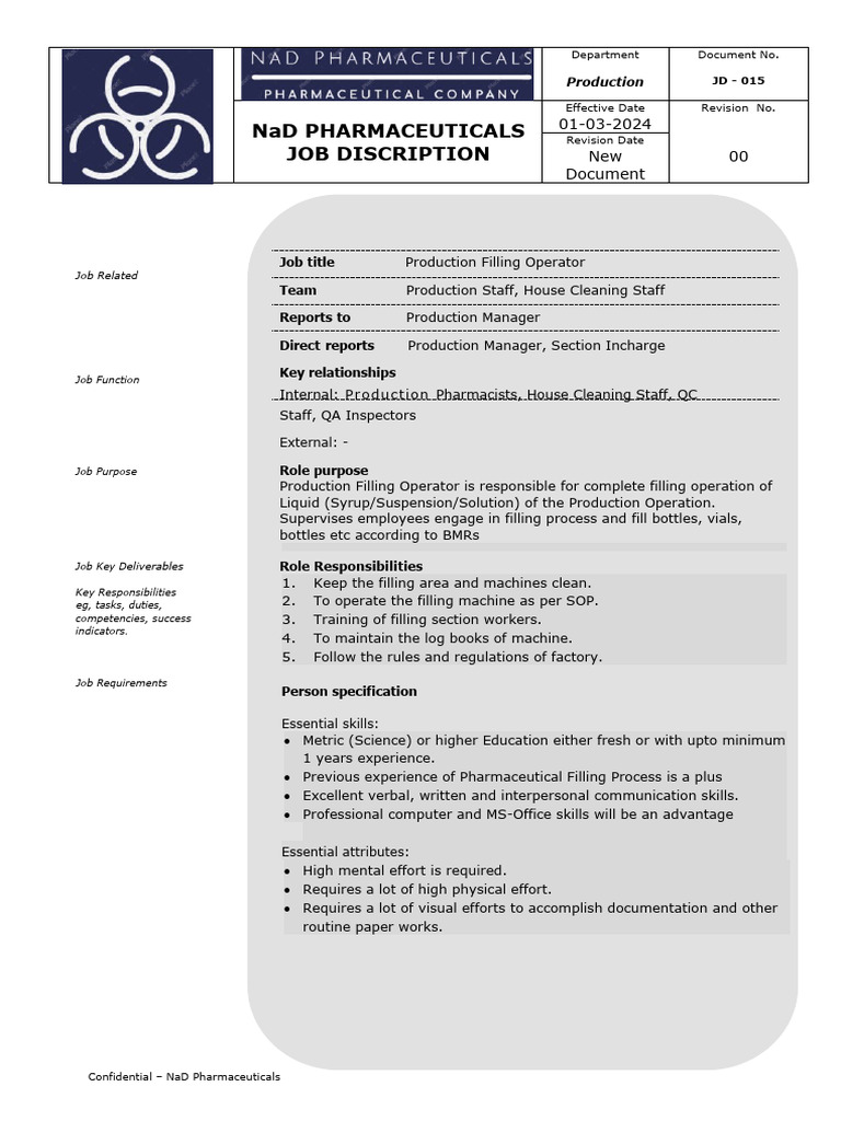 Production Filling Operator Job Description | PDF | Business