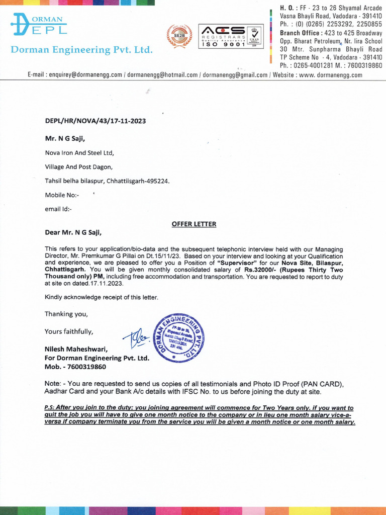 Offer Letter N G Saji | PDF