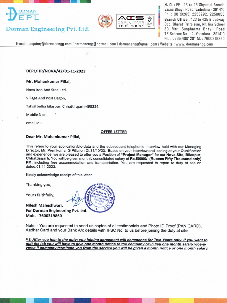 Offer Letter Mohan Kumar | PDF
