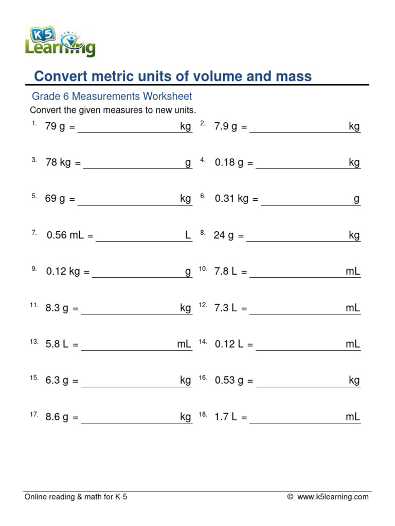 Grade 6 Conversion Metric Volume Mass Decimals A | PDF | Volume | Notation