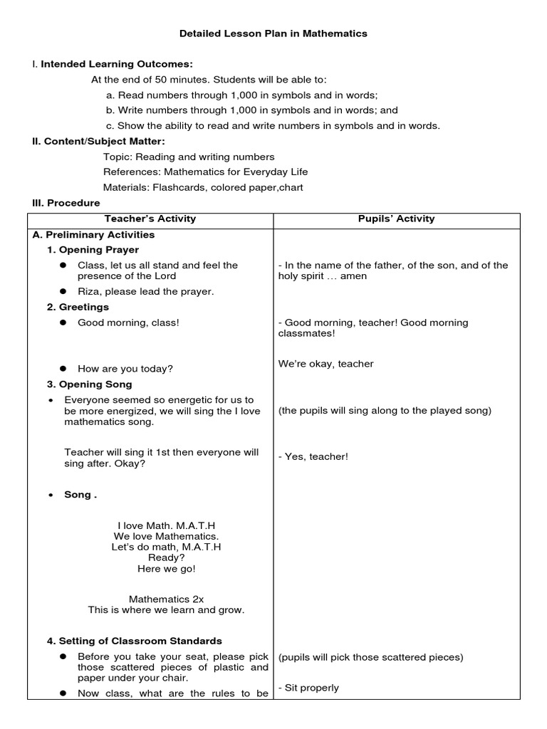 Detailed Lesson Plan in Mathematics2 | Download Free PDF | Teachers ...