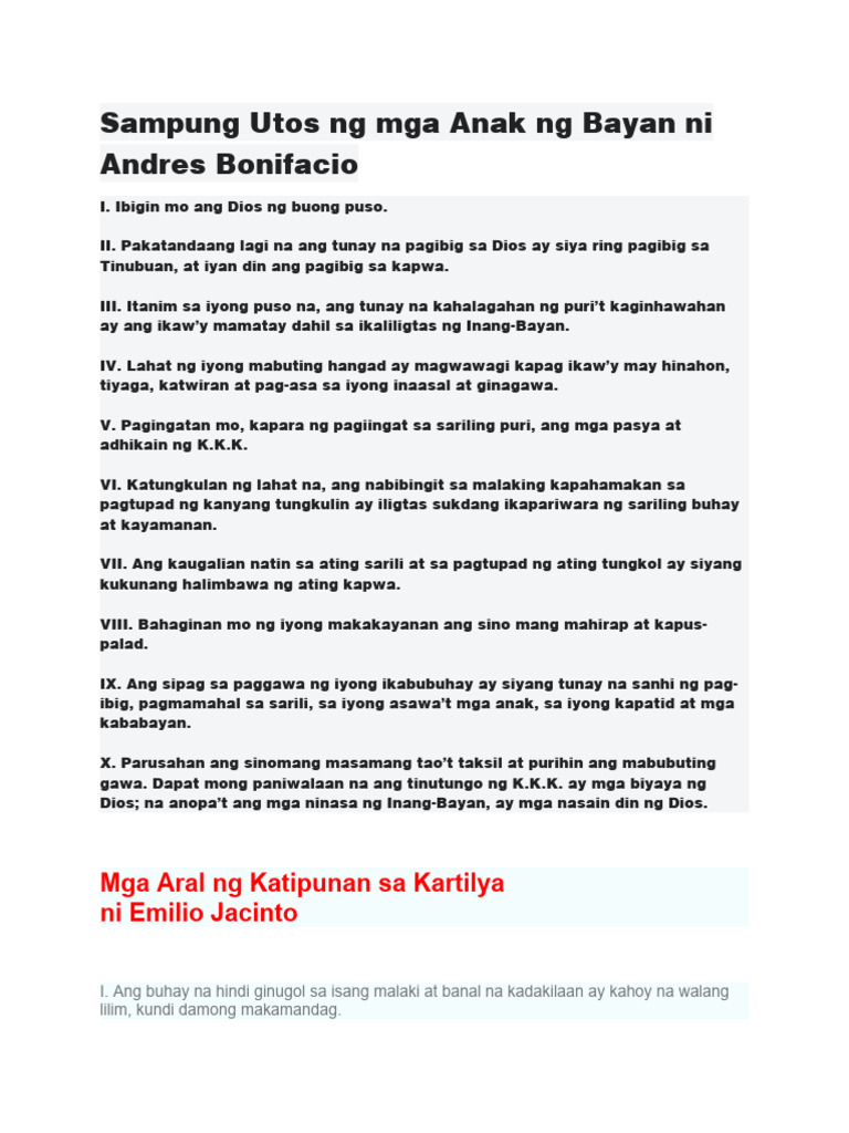 Sampung Utos NG Mga Anak NG Bayan Ni Andres Bonifaci0 0 EMILIO JACINTO ...