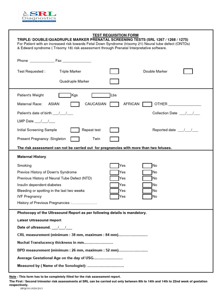 Srl-Maternal Screening TRF | PDF | Pregnancy | Diseases And Disorders