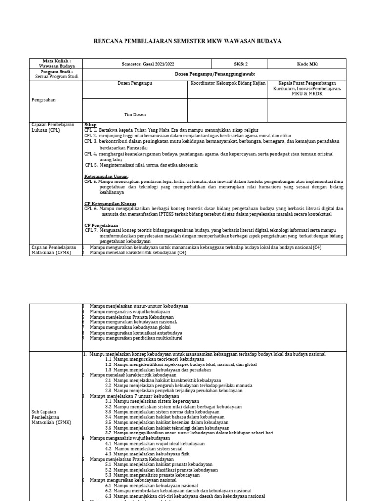 RPS MKU WAWASAN BUDAYA (Hasil Revisi) | PDF