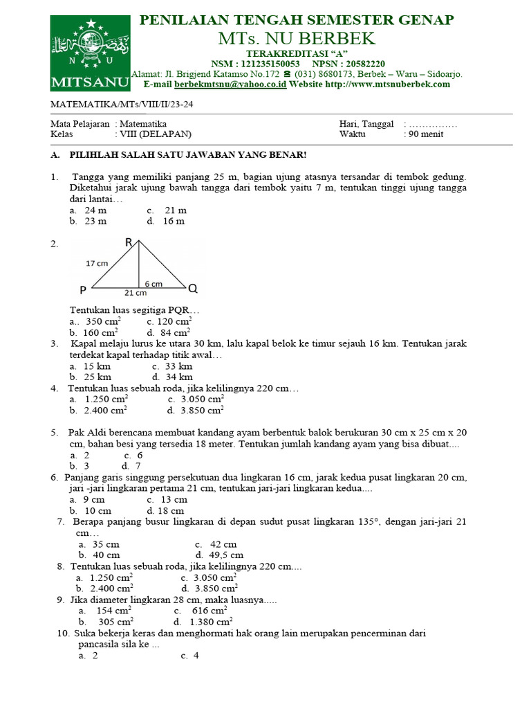 SOAL Matematika PTS 2 2023-2024 | PDF | Griya & Taman