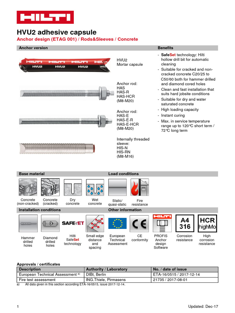 Technical Data Sheet For HVU2 | PDF | Screw | Galvanization
