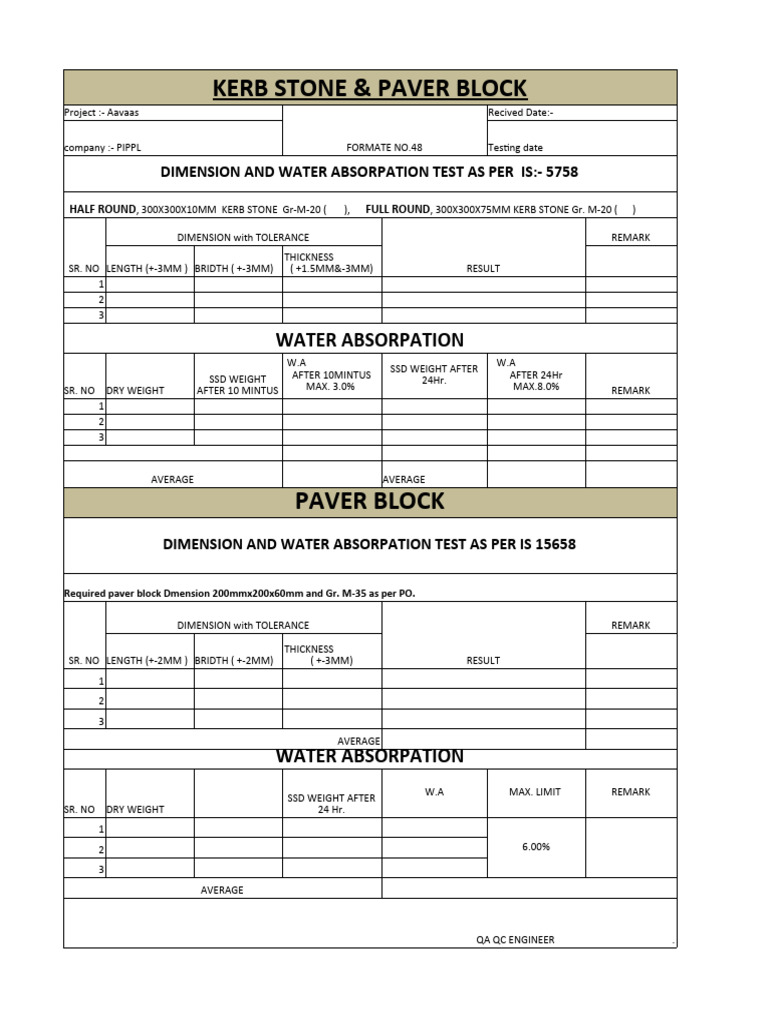 Kerb Stone and Paver Block Test Formate | PDF | Materials | Building ...
