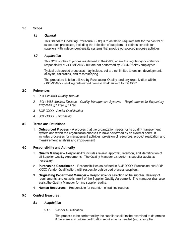 SOP Control of Outsourced Processes | PDF | Quality Management System | Quality Management