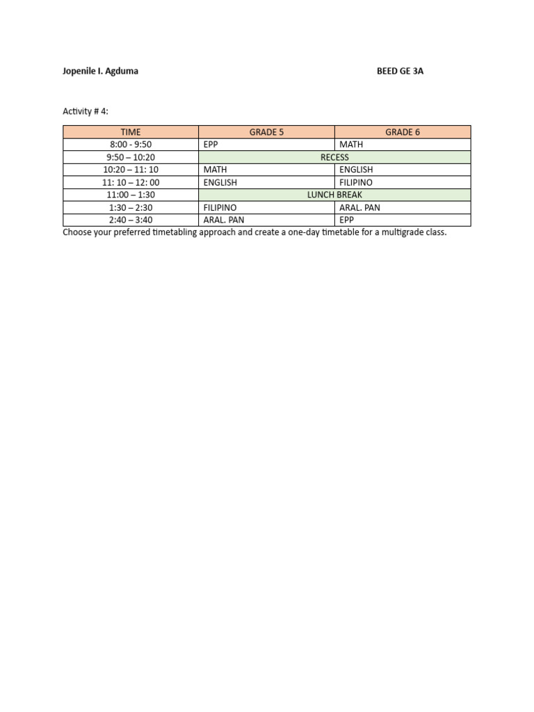 Multigrade Classroom Timetable | PDF